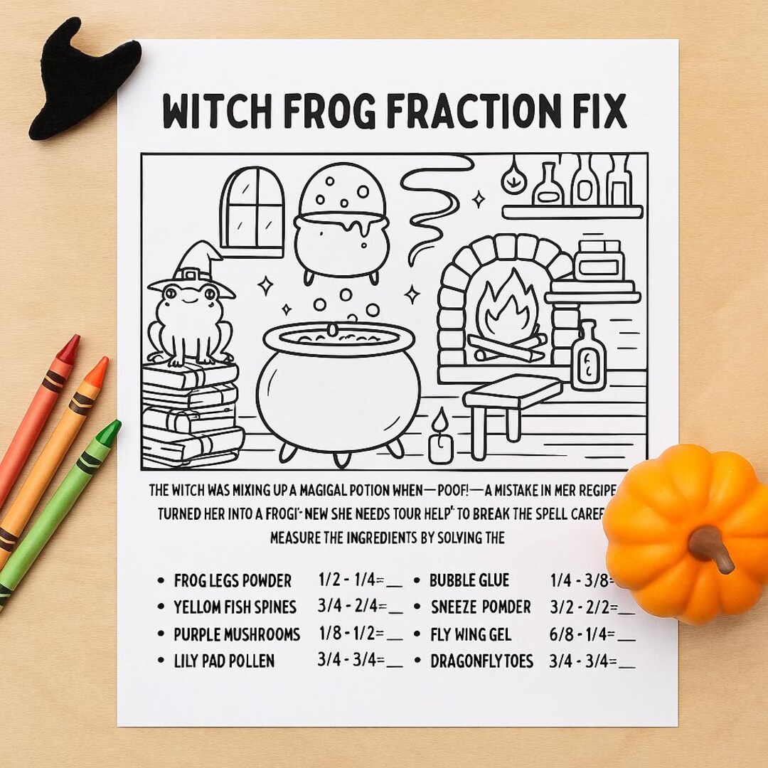 Witch Frog Fraction Fix: Halloween Math Puzzle Worksheet (printable PNG ...