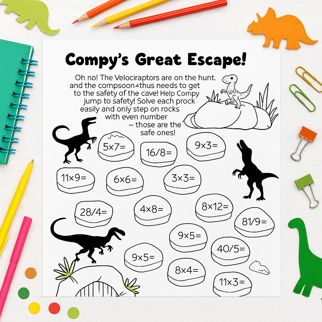 Dinosaur Math Game Printable Worksheet: Multiplication & Division (PDF ...