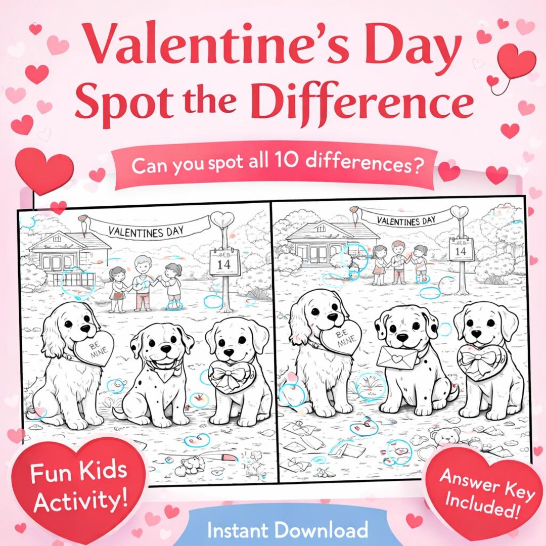 Valentine’s Day Spot the Difference | Puppy Valentine Activity | Find ...