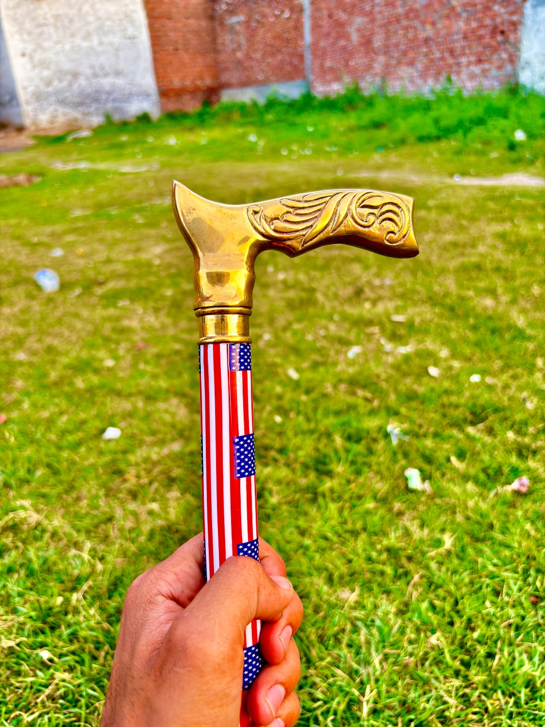 Set of 5 Walking Cane Wooden Walking Stick Brass Handle With USA Flag ...