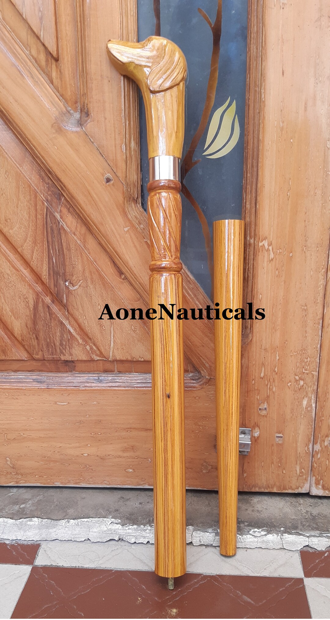 Walking Stick Dog Head Handle Wooden Hand Carved Walking Cane Animal ...