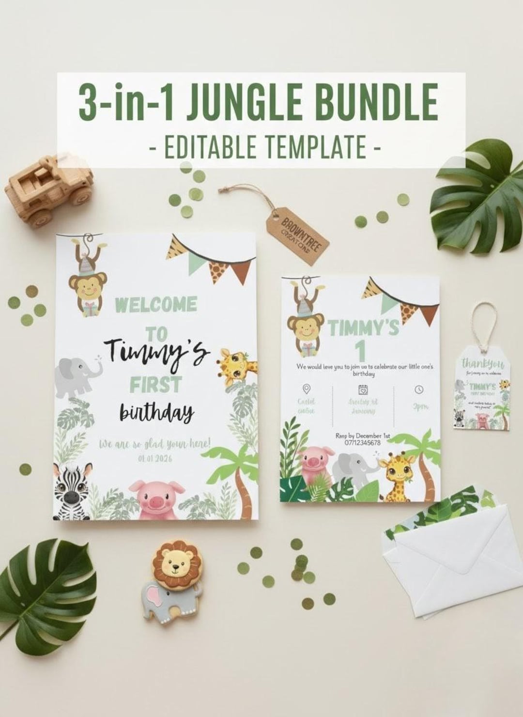 Editable Jungle Birthday Bundle, 3-in-1 Safari Party Set, Welcome Sign ...