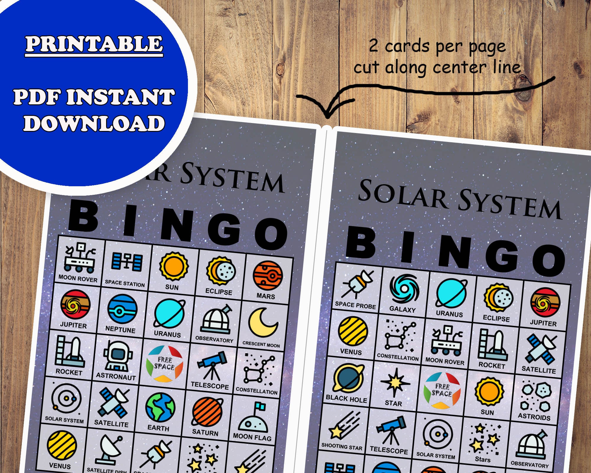 50 Solar System Bingo Game Prefilled Cards, PDF Printable, Instant ...