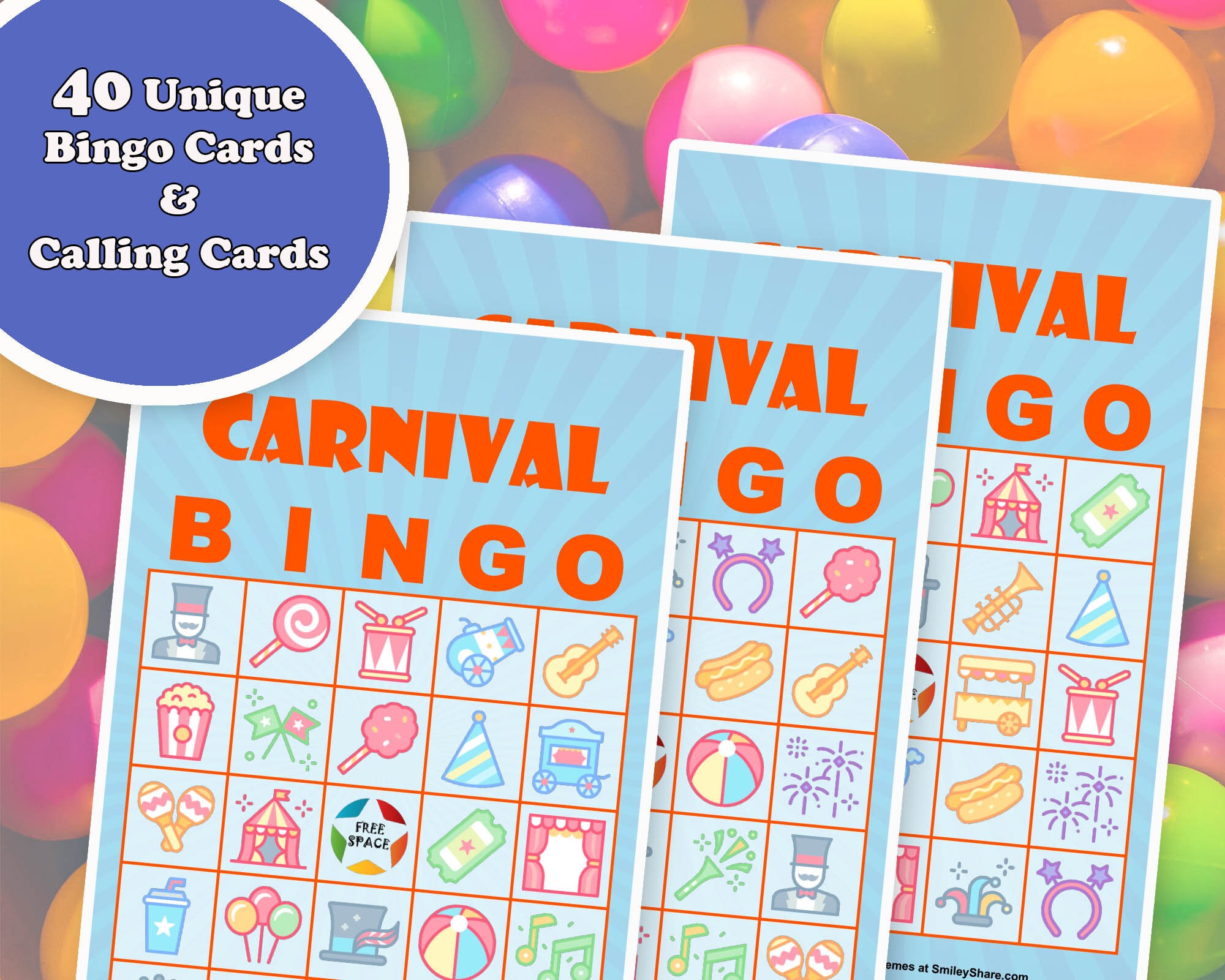 40 Carnival Bingo Game Prefilled Cards, PDF Printable, Instant Download ...