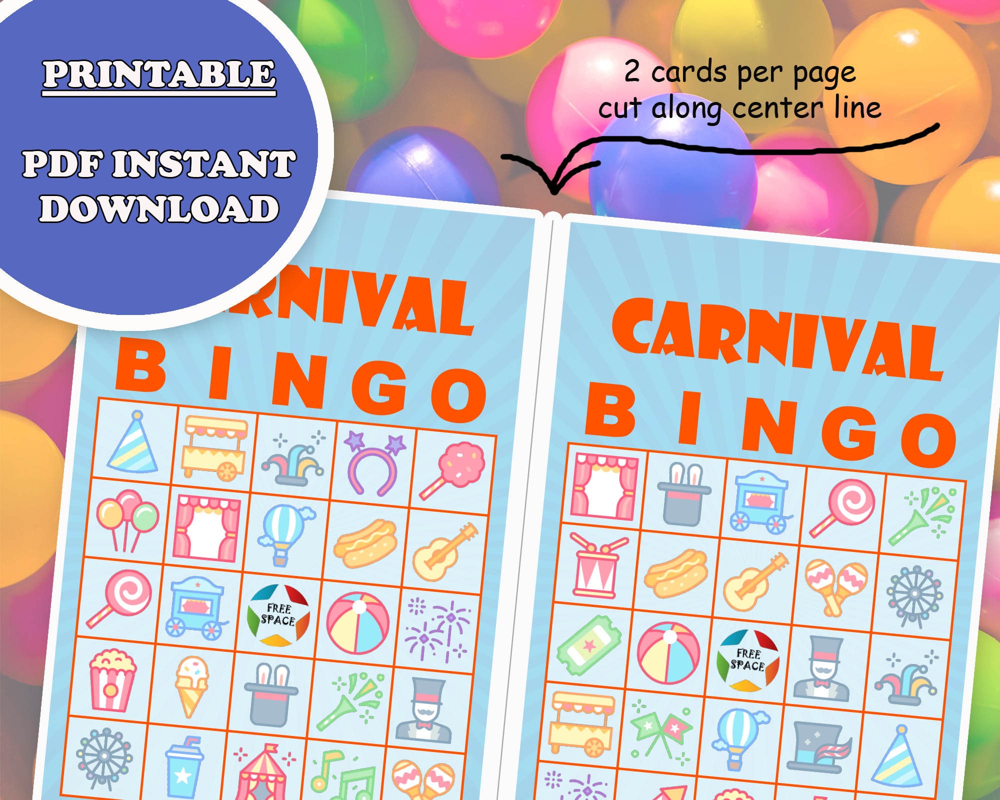 40 Carnival Bingo Game Prefilled Cards, PDF Printable, Instant Download ...