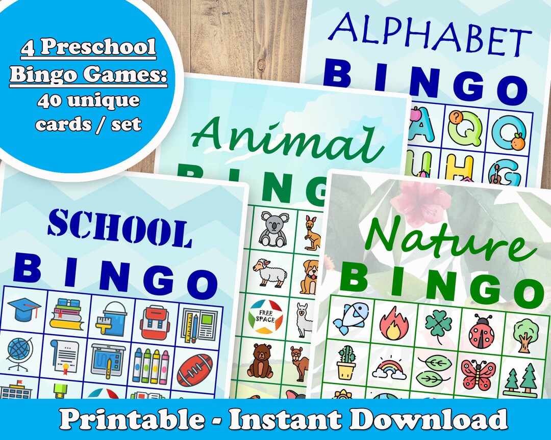 Set of 4 Preschool Picture Bingo Games: ABC Bingo, School Bingo, Animal ...
