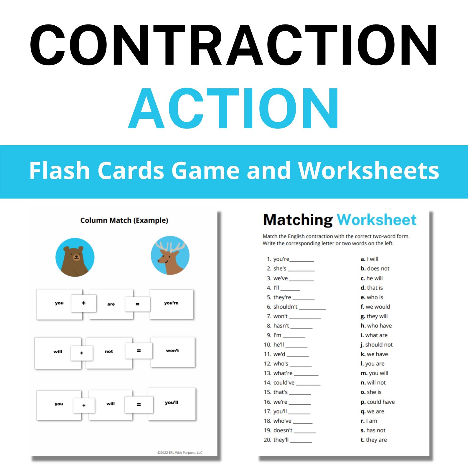 Contractions English Flashcards and Grammar Words Activity: Contraction ...