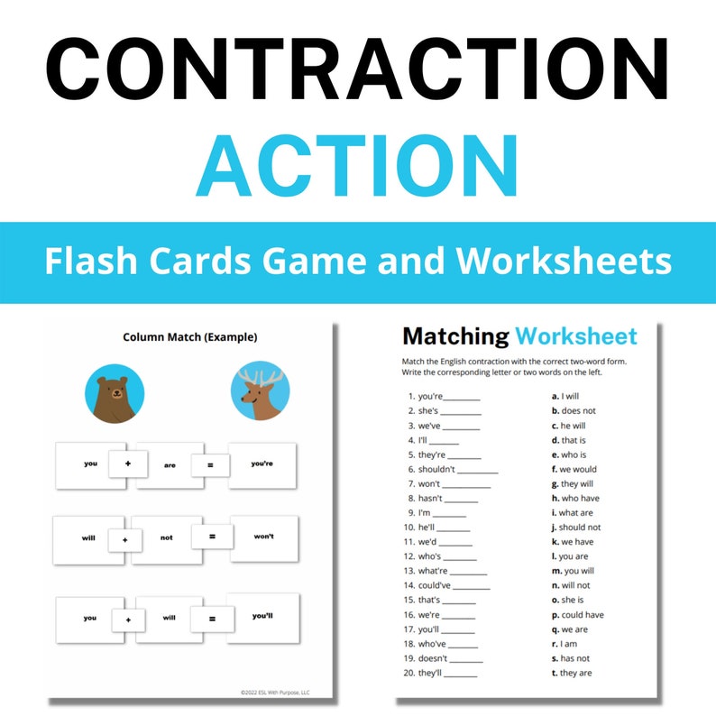 Contractions English Flashcards and Grammar Words Activity: Contraction ...