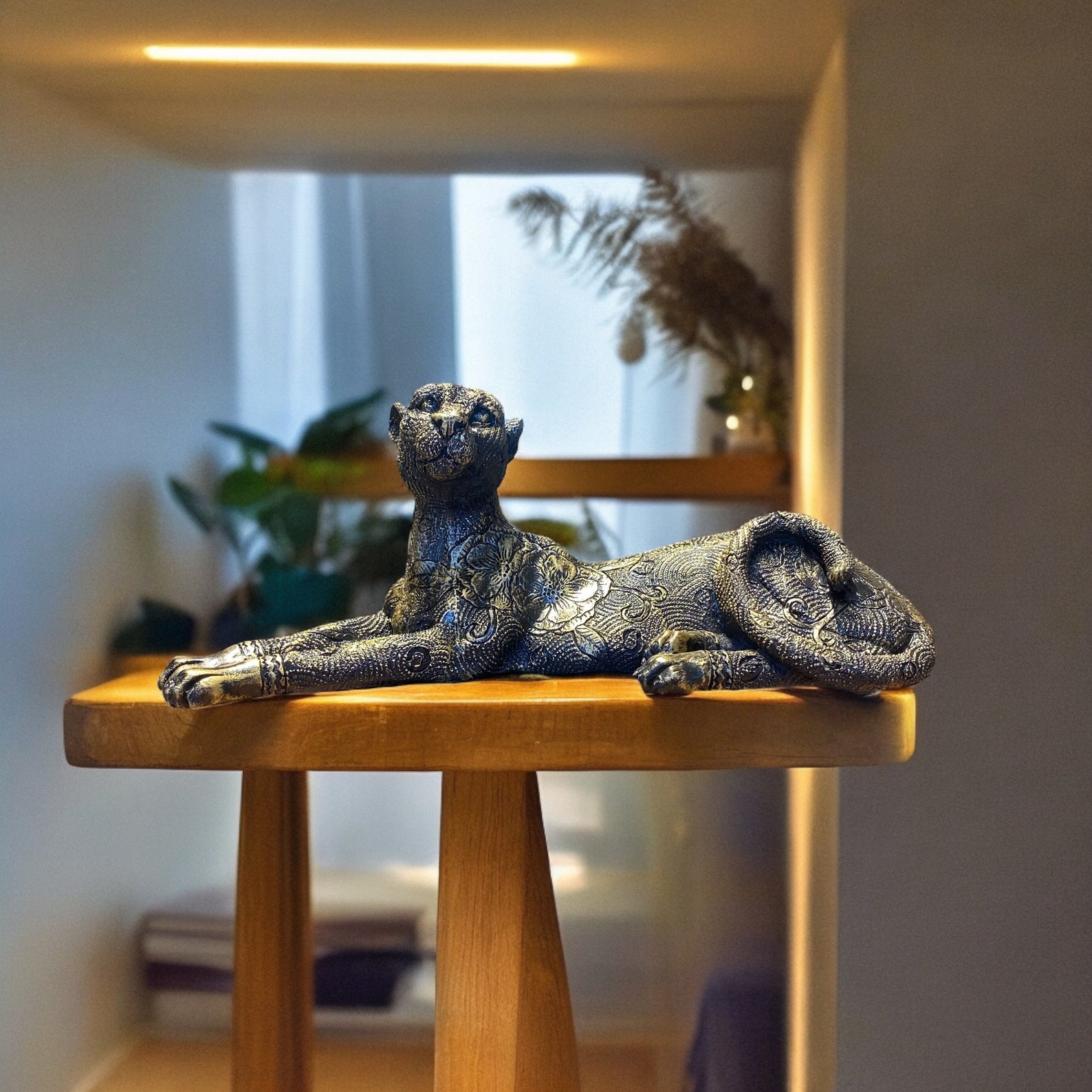 Flower Embroidered Reclining Black Panther Statue Animal Figurine for ...