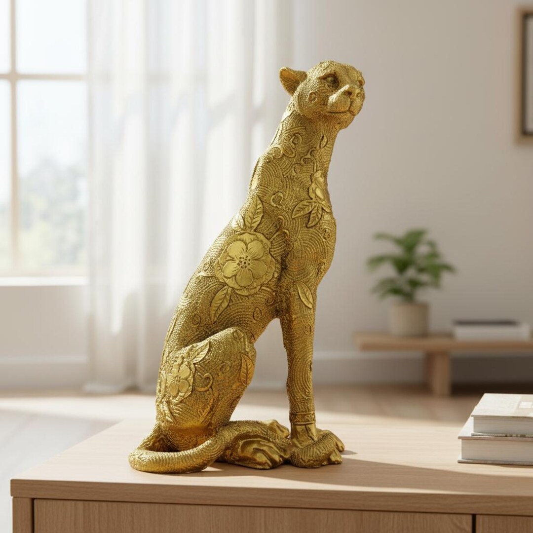 Flower Embroidered Sitting Gold Panther Statue | Animal Statue for ...