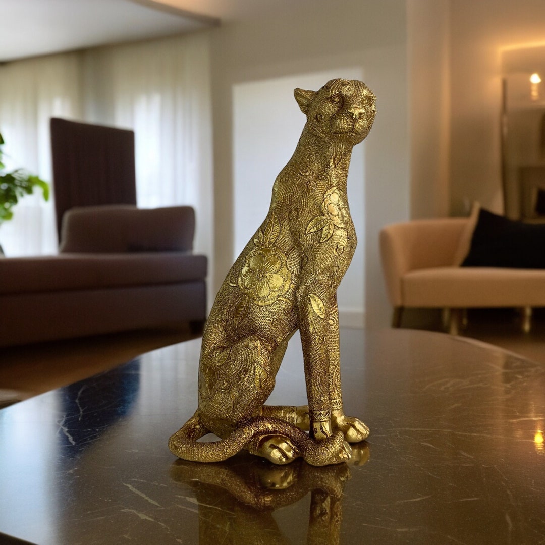 Flower Embroidered Sitting Gold Panther Statue Animal Statue for Table ...