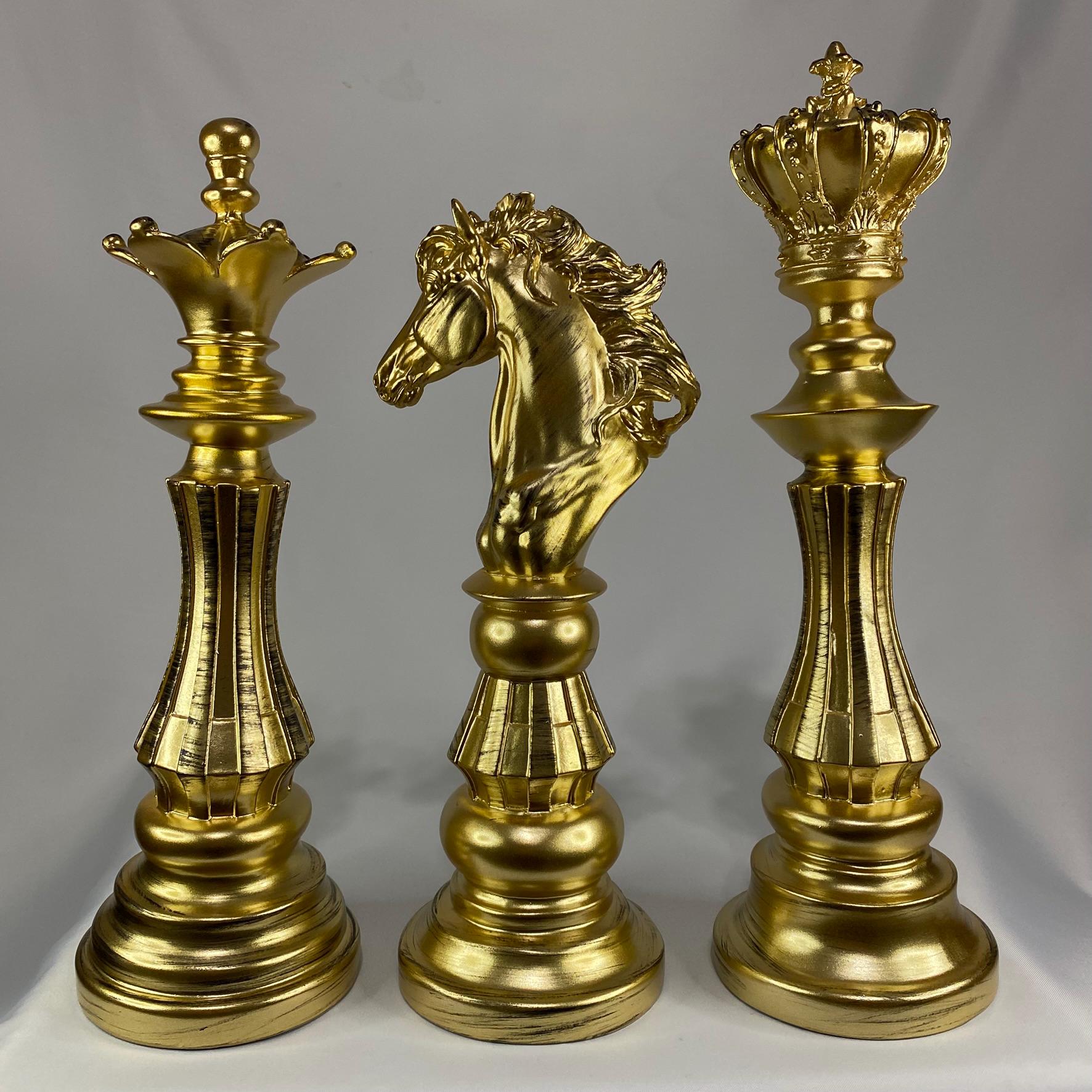 Gold Chess Statue Set of 3 | Queen King Knight Figurines | Decorative ...