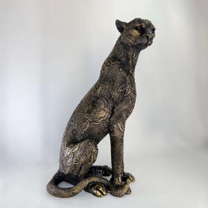 Flower Embroidered Sitting Gold Panther Statue | Animal Statue for ...