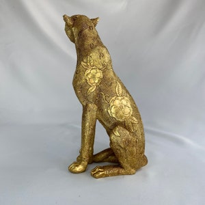 Flower Embroidered Sitting Gold Panther Statue | Animal Statue for ...