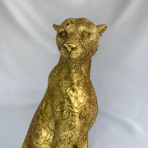 Flower Embroidered Sitting Gold Panther Statue | Animal Statue for ...