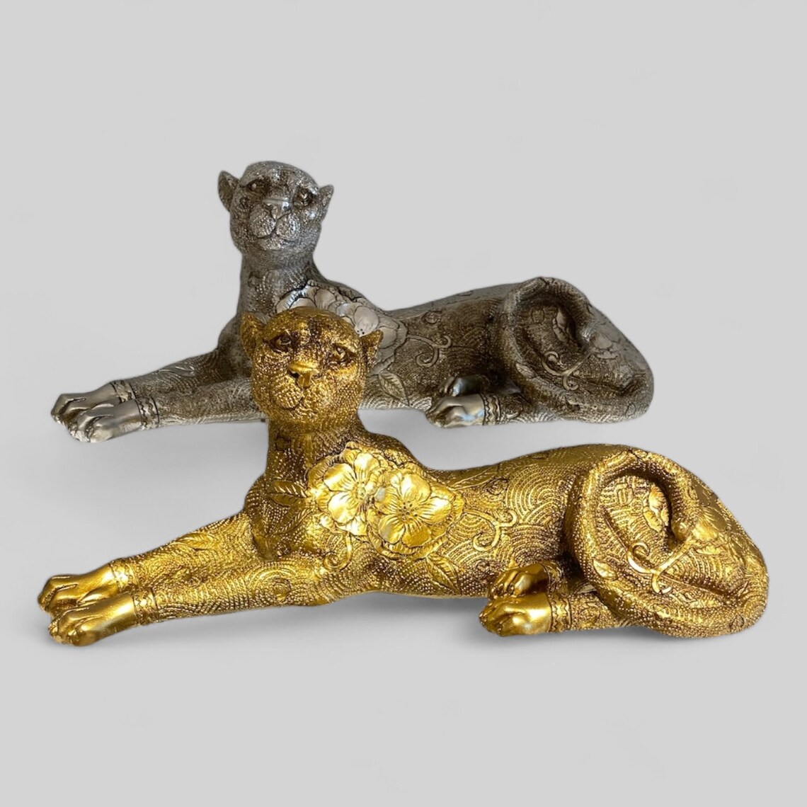 Flower Embroidered Reclining Black Panther Statue Animal Figurine for ...