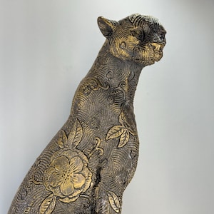 Flower Embroidered Sitting Gold Panther Statue | Animal Statue for ...