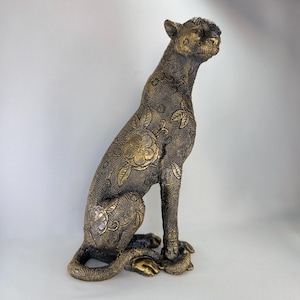 Flower Embroidered Sitting Gold Panther Statue | Animal Statue for ...