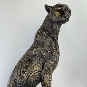 Flower Embroidered Sitting Gold Panther Statue | Animal Statue for ...