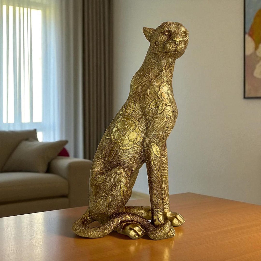 Flower Embroidered Sitting Gold Panther Statue | Animal Statue for ...