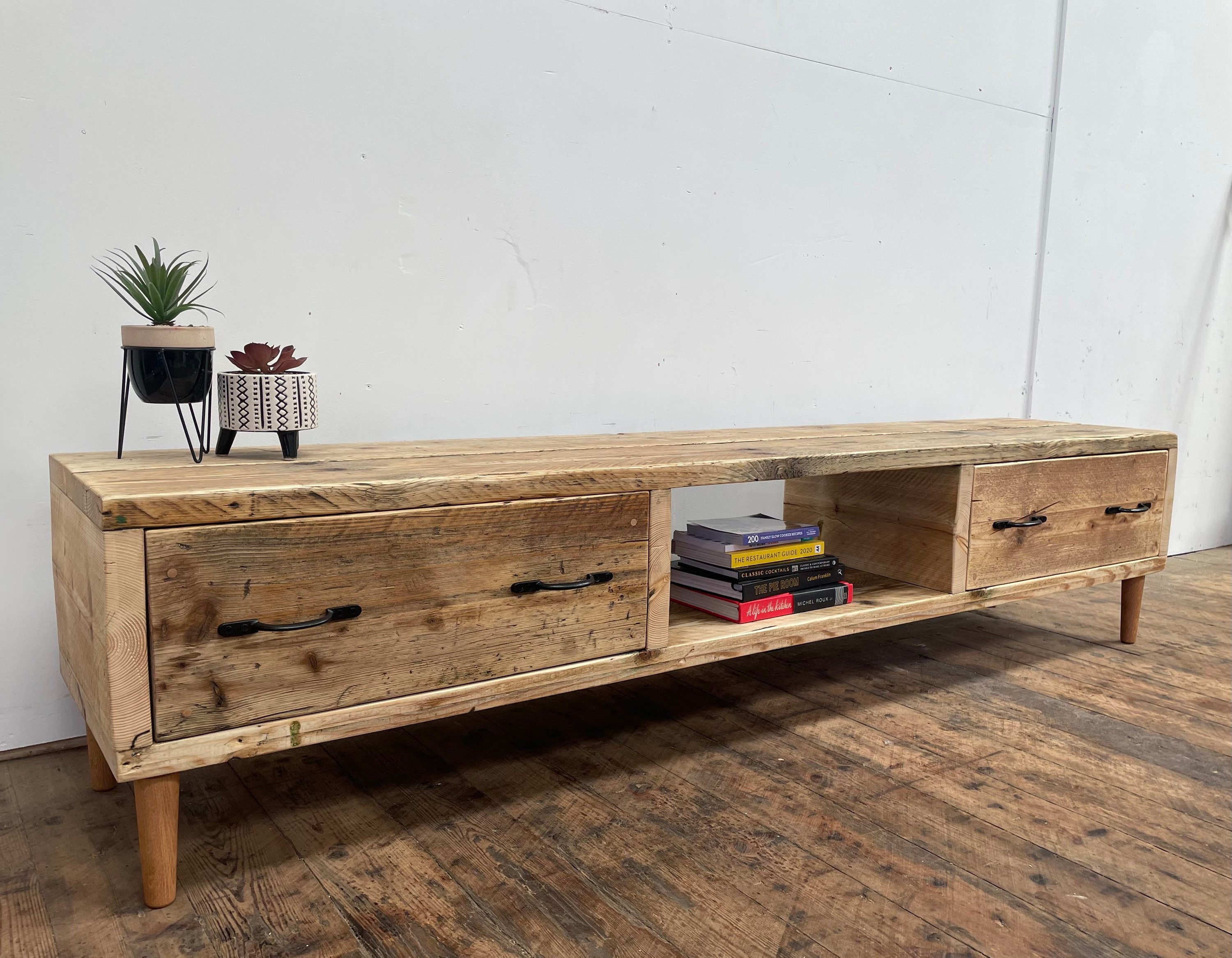 Reclaimed Solid Wood Tv Unit With Drawers and Solid Oak Pin Legs ...
