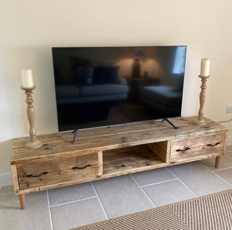 Reclaimed Solid Wood Tv Unit With Drawers and Solid Oak Pin Legs ...