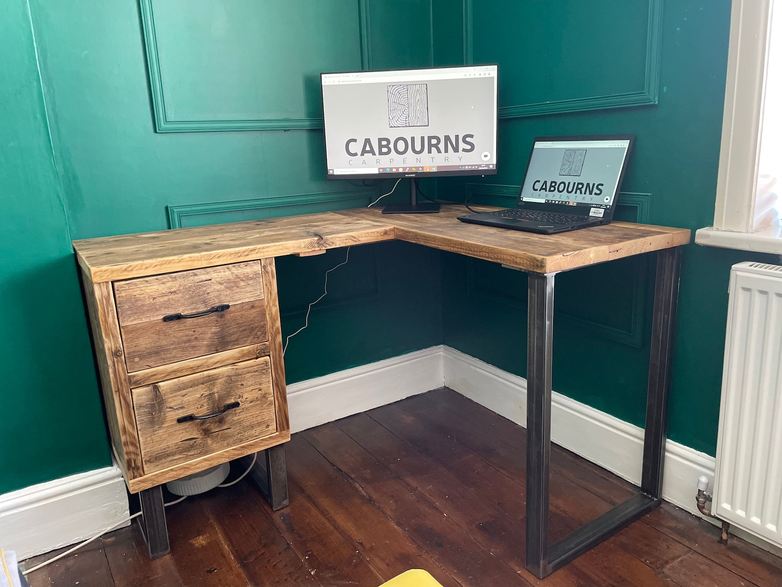 Reclaimed Solid Wood Corner Desk With Drawers and Chunky Steel Legs ...