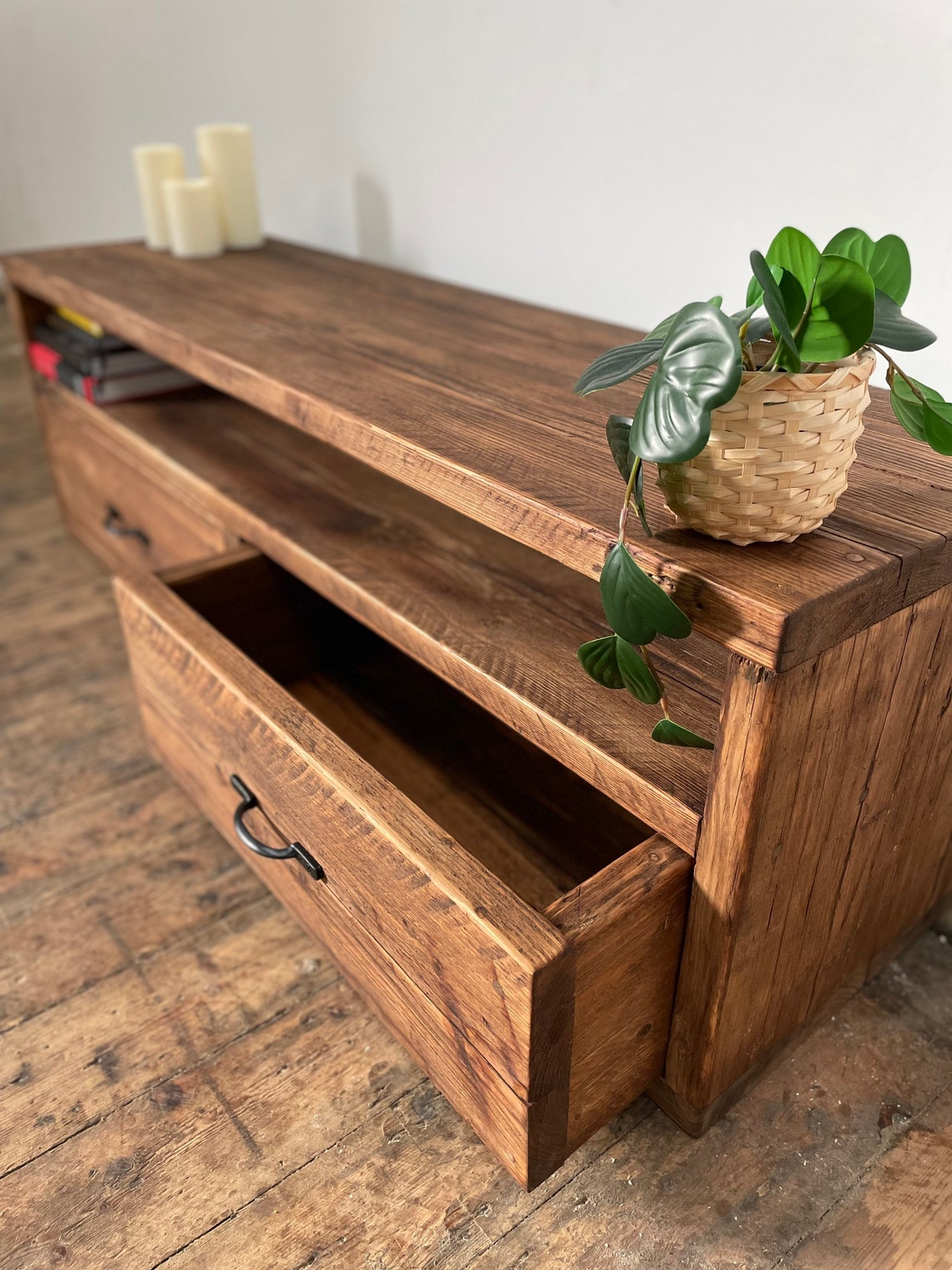 Reclaimed Solid Wood TV Unit With Drawers Rustic Handmade - Etsy