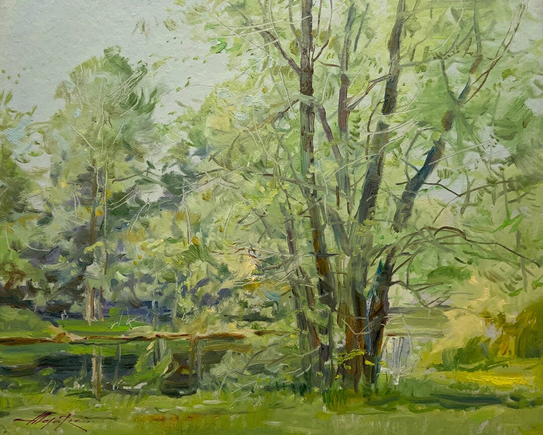 VINTAGE UKRAINIAN PAINTING Original Oil Artwork Fresh Green Nature ...