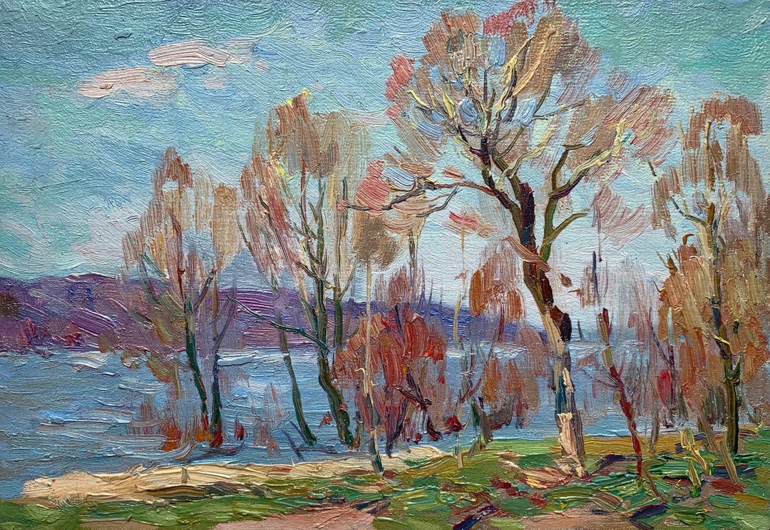 ANTIQUE SPRING PAINTING Water River Landscape Vintage Original Oil ...