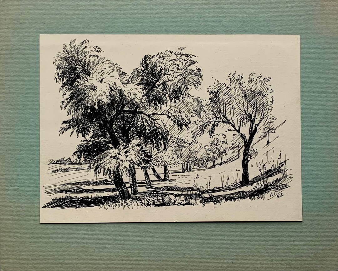 ORIGINAL ANTIQUE DRAWING 1952 Midcentury Ukrainian Landscape Vintage ...