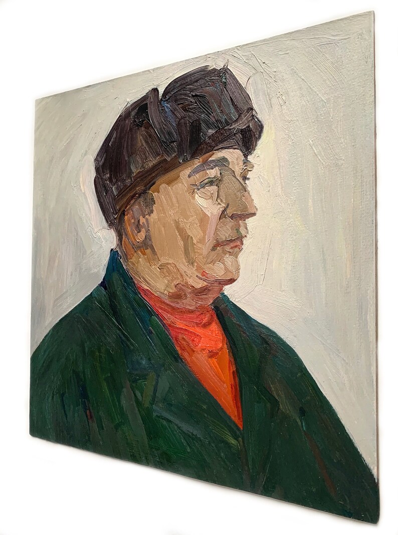 VINTAGE MALE PORTRAIT Original Oil Painting Man in a Hat Art Ukrainian ...