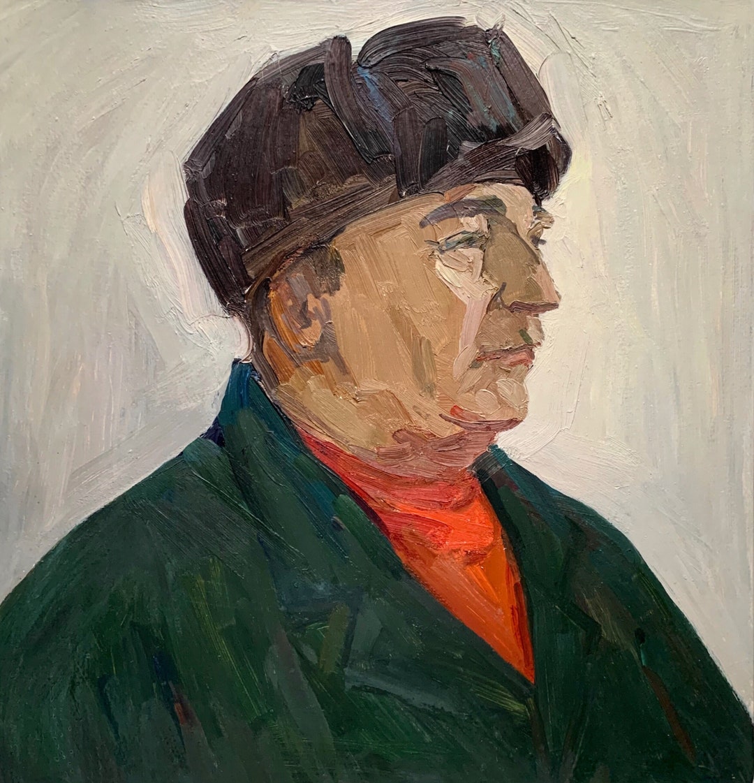VINTAGE MALE PORTRAIT Original Oil Painting Man in a Hat Art Ukrainian ...