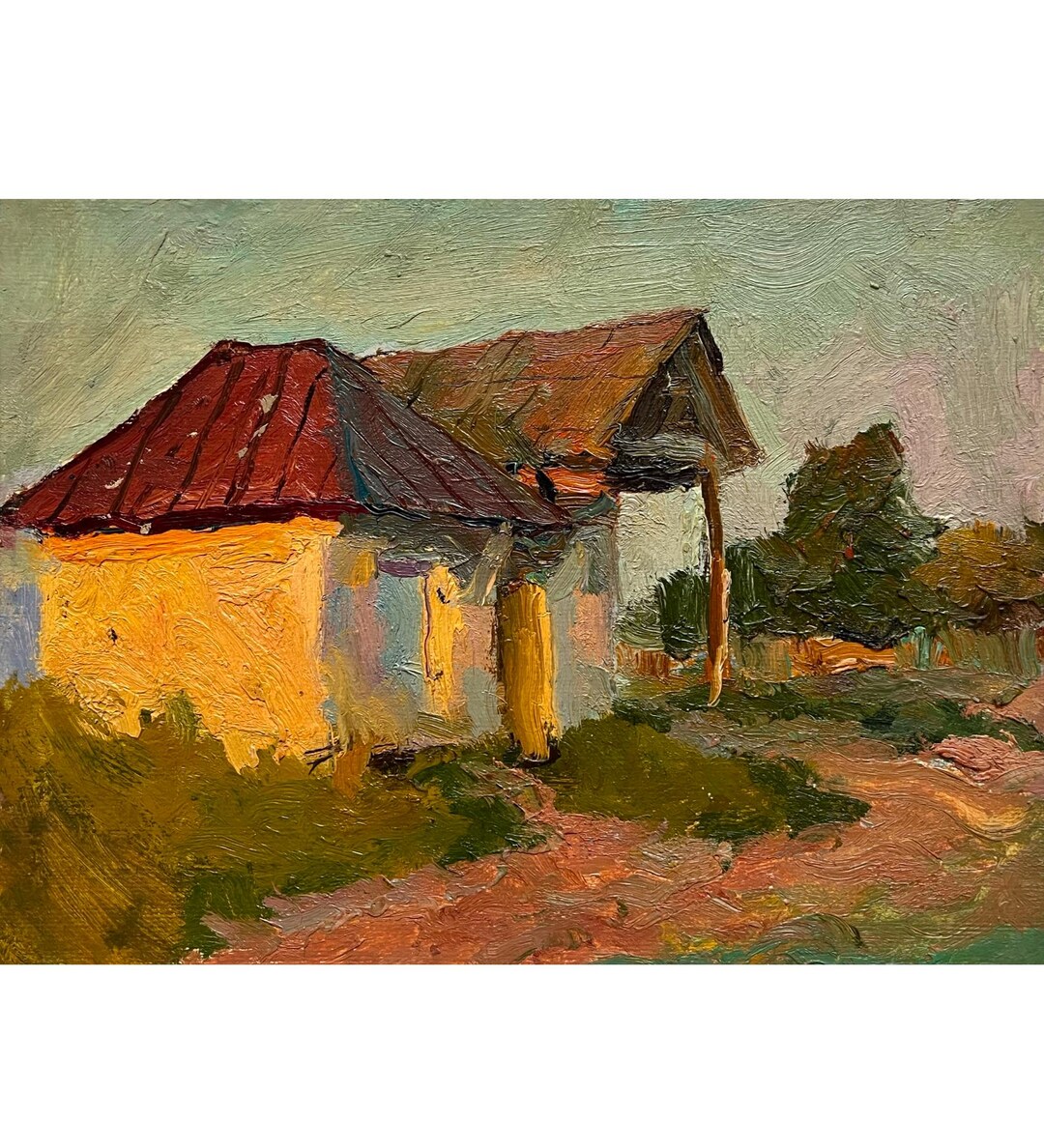 Vintage 1973 Original Oil Painting - Rural Landscape With Houses and ...