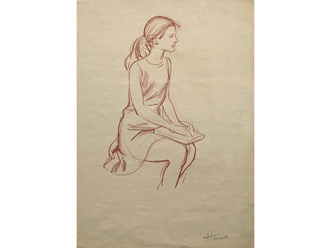 ORIGINAL VINTAGE DRAWING Young Female Portrait Ukrainian Original Art ...