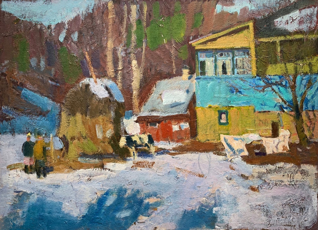 ANTIQUE VILLAGE PAINTING Winter Snow Rural Scene People Animal Cow ...