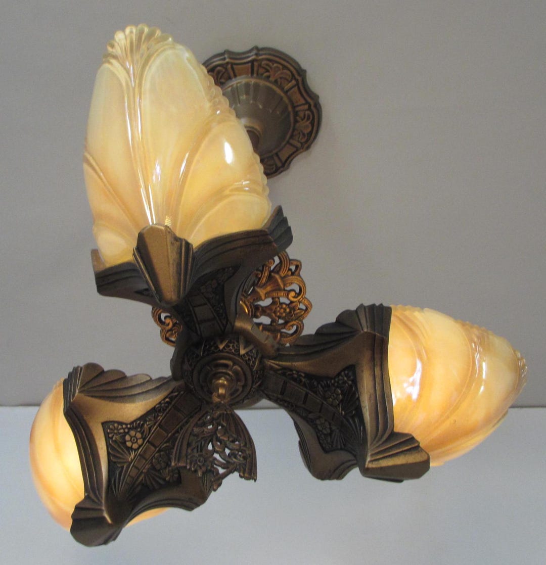 Art Deco Three Light Fixtures -- Batwing Fixture -- Beautiful Condition ...