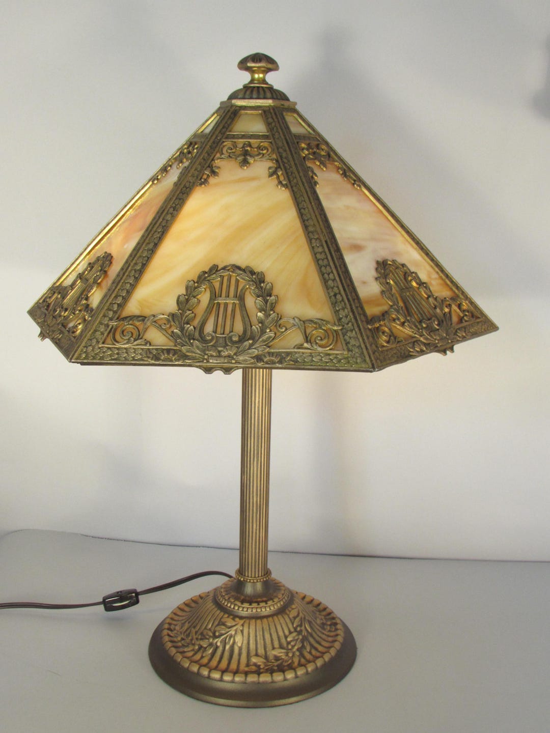 Antique Panel Glass Table Lamp -- Rainaud Co. Complete With Original ...