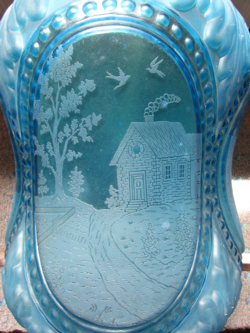 Antique Victorian Hall Light: Blue Glass, Etched Scenes, 1890s - Etsy