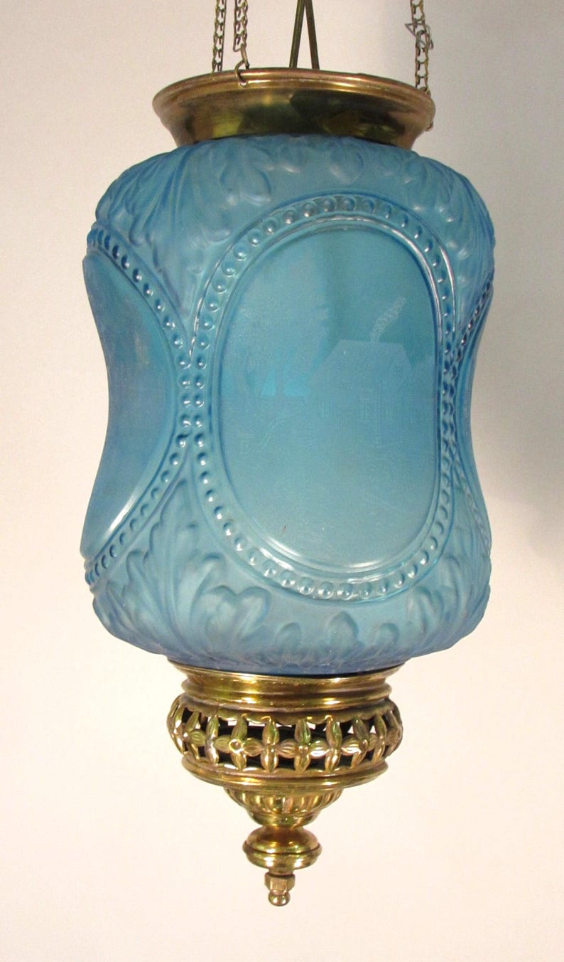 Antique Victorian Hall Light: Blue Glass, Etched Scenes, 1890s - Etsy