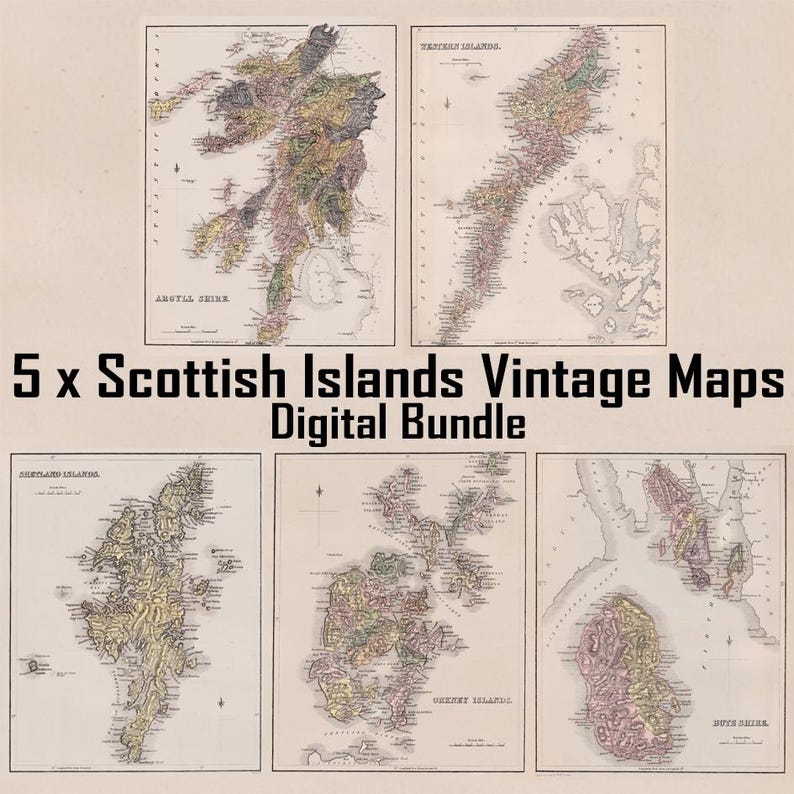 Vintage Maps of Scotland - Printable Rustic Decor, 5 Antique Style Maps ...