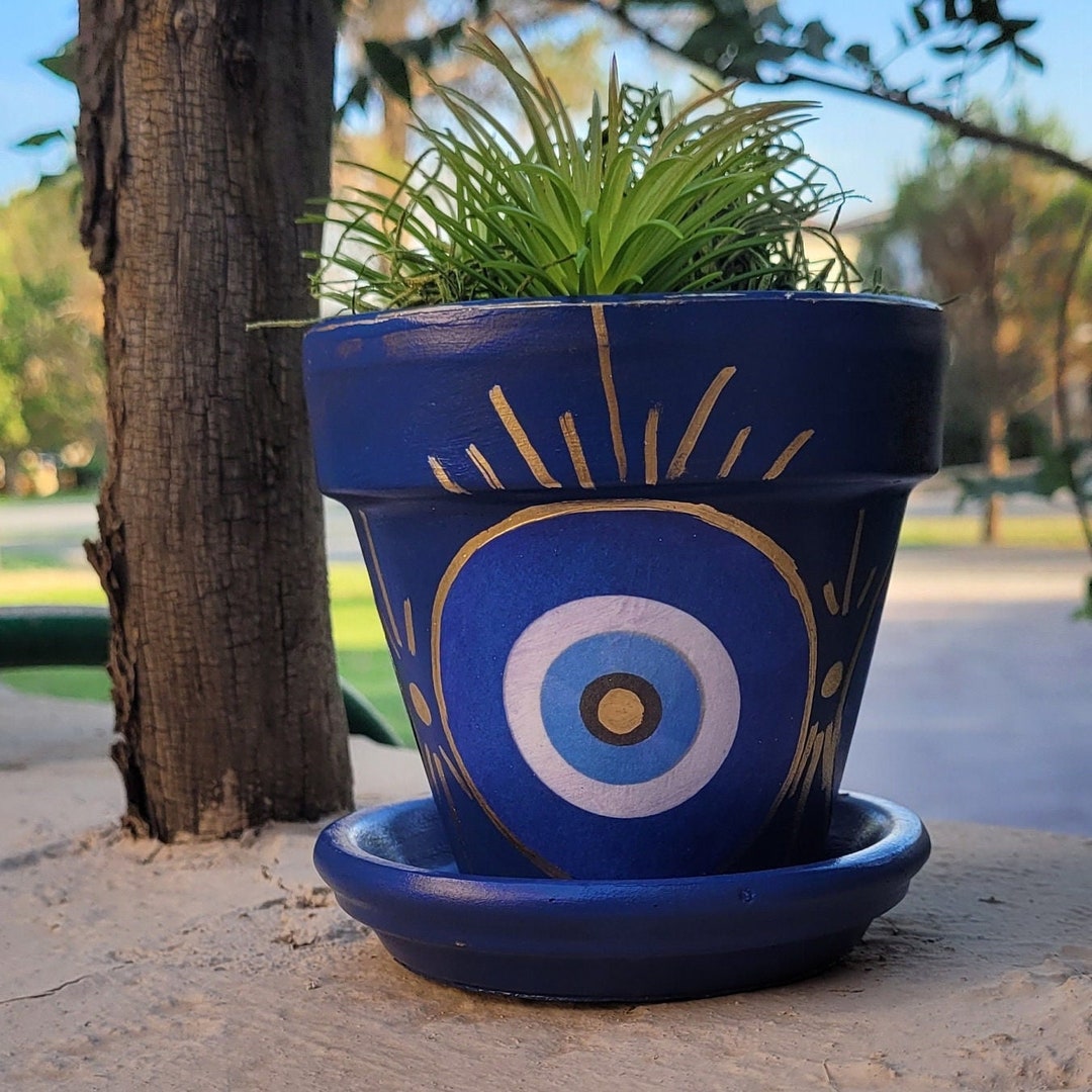 Hand Painted Evil Eye Terracotta Planter With Drainage Plate - Etsy