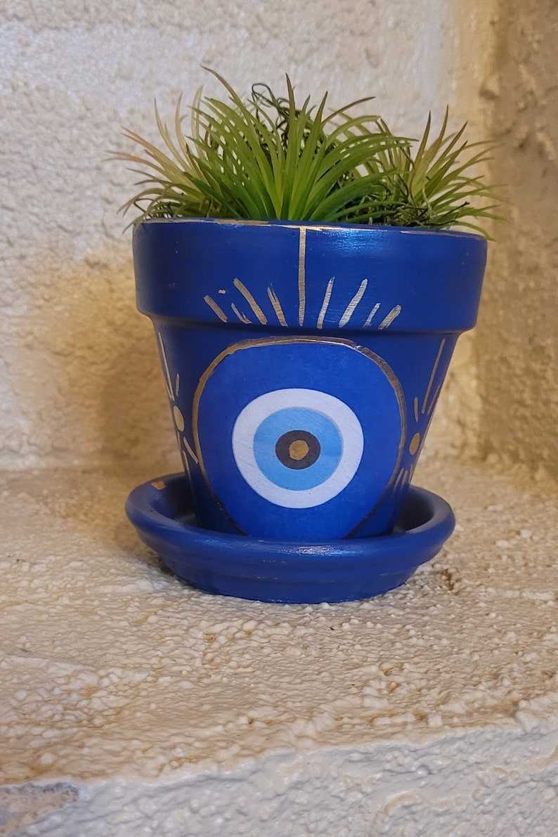 Hand Painted Evil Eye Terracotta Planter With Drainage Plate - Etsy