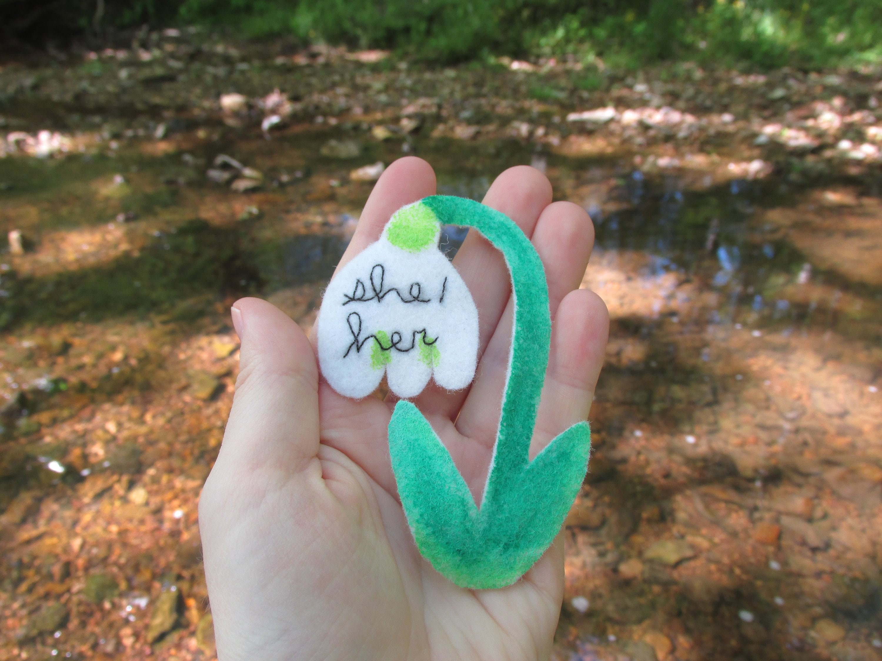 Custom Felt Snowdrop Flower Embroidered Pronoun Pin - Etsy