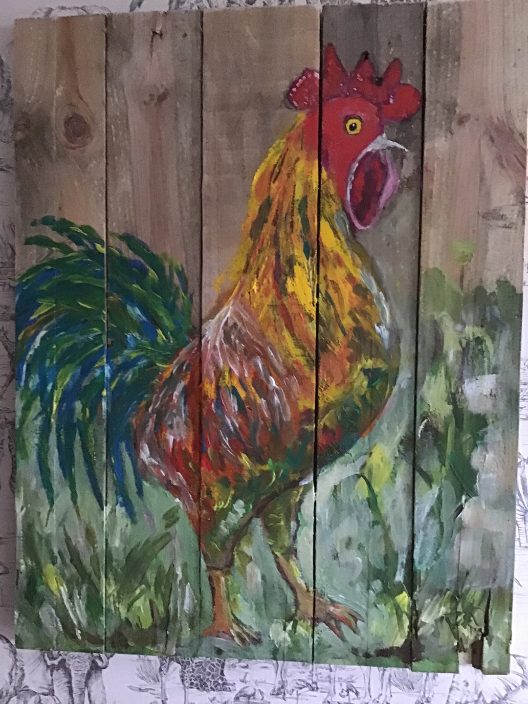 Rooster Hand Painted on Reclamed Pallet Wood in Acrylic - Etsy UK