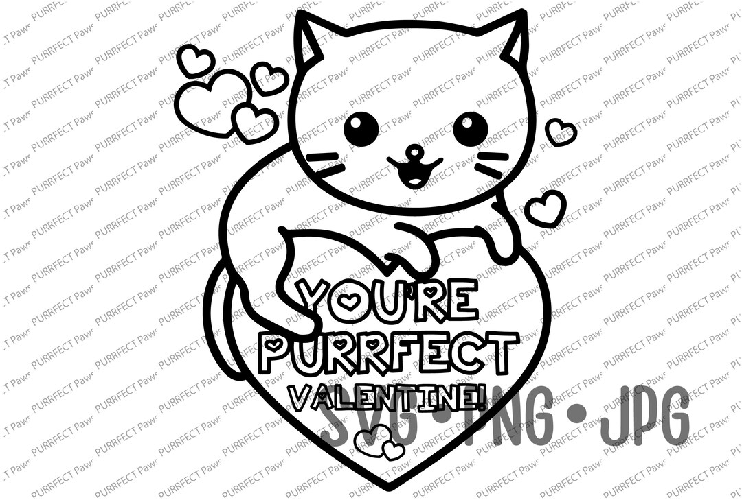 You're Purrfect Valentine Kawaii Svg, Valentine Coloring, Hearts ...