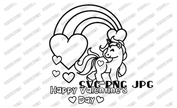Happy Valentine's Day Unicorn Coloring SVG Digital Cut | Etsy