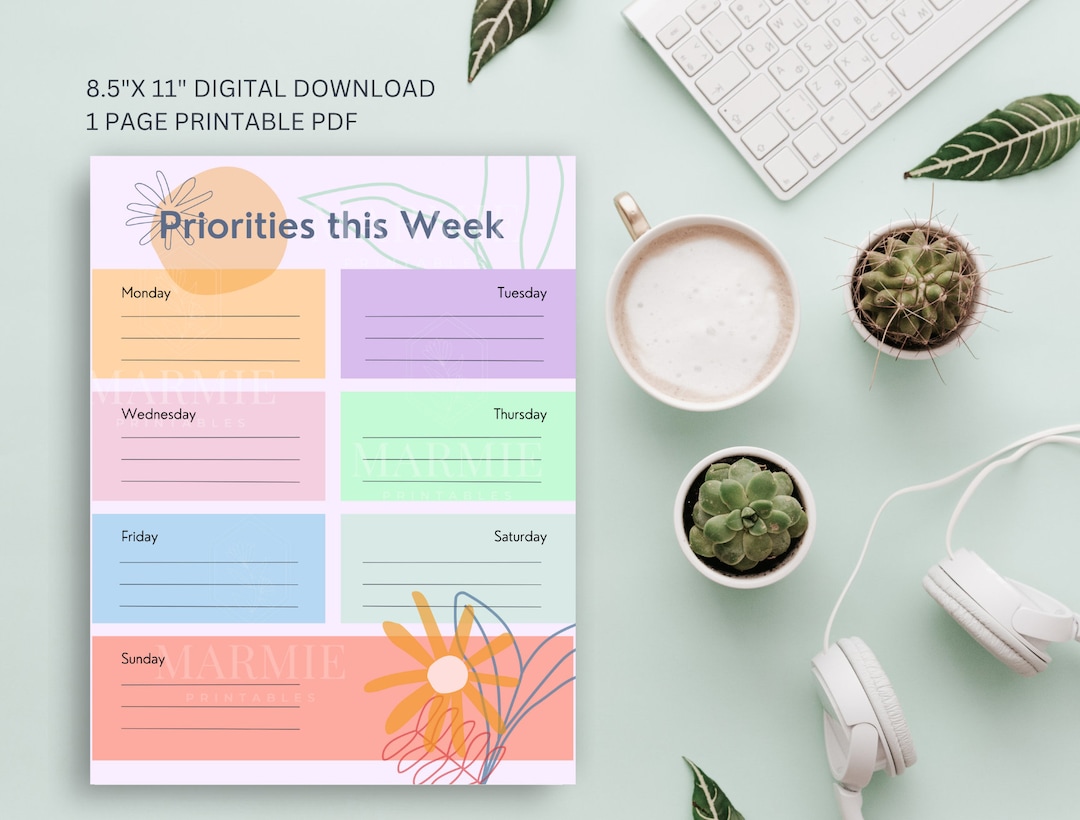 Weekly Priorities Template | Colorful Goal Planner | Fill-in Calendar ...