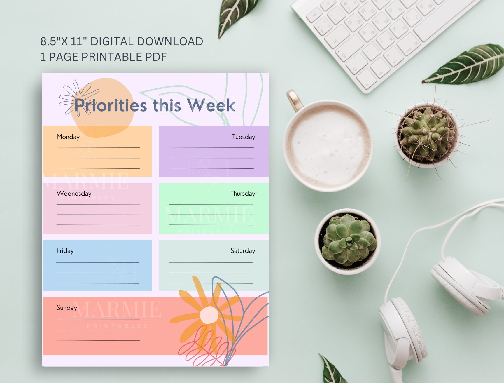 Weekly Priorities Template | Colorful Goal Planner | Fill-in Calendar ...