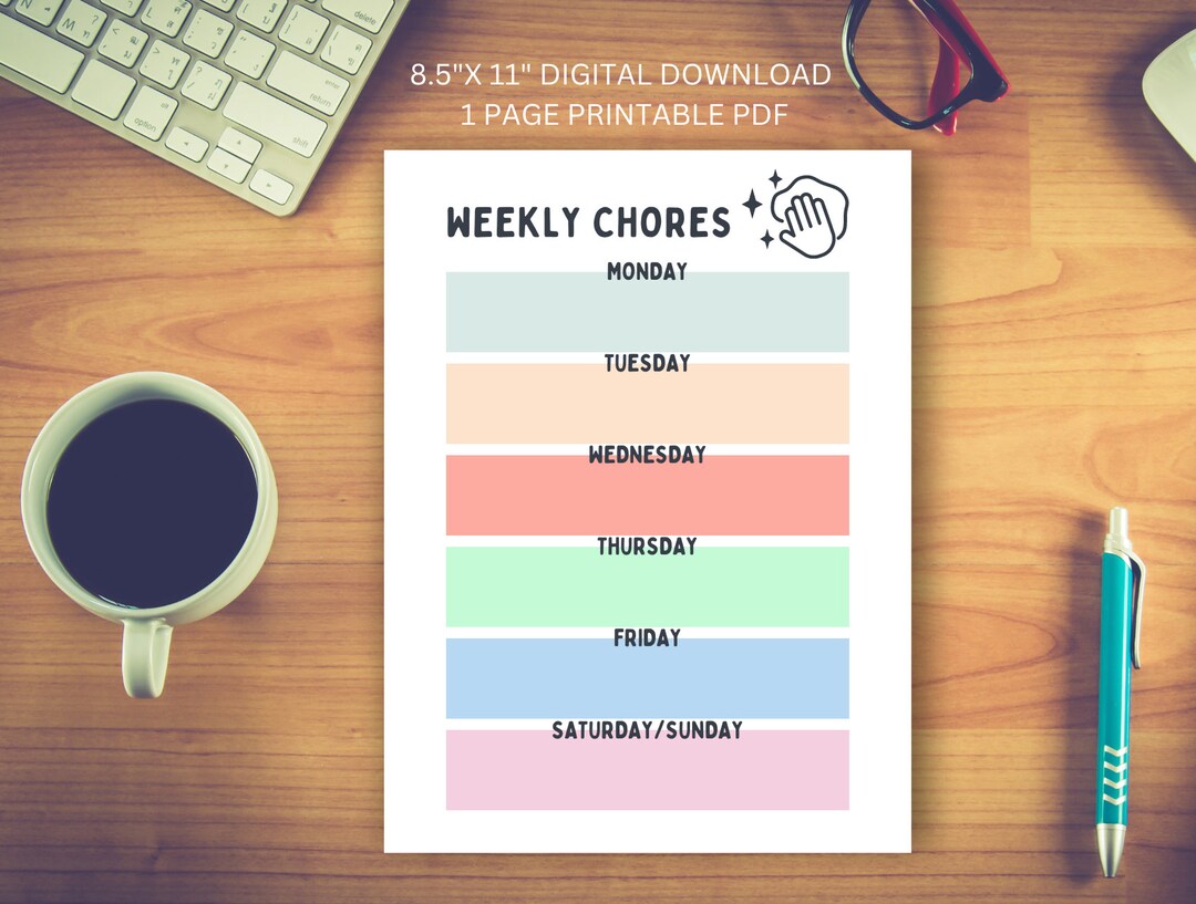 Colorful Weekly Chore Template | Printable Fill-in Calendar - Etsy